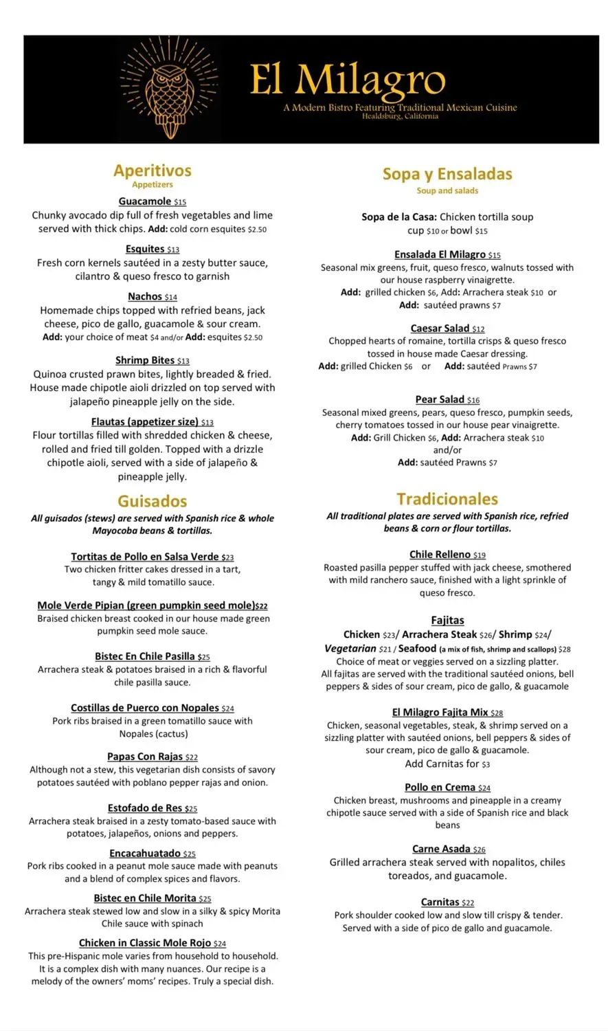 El Milagro Healdsburg Menu - Updated November 2025