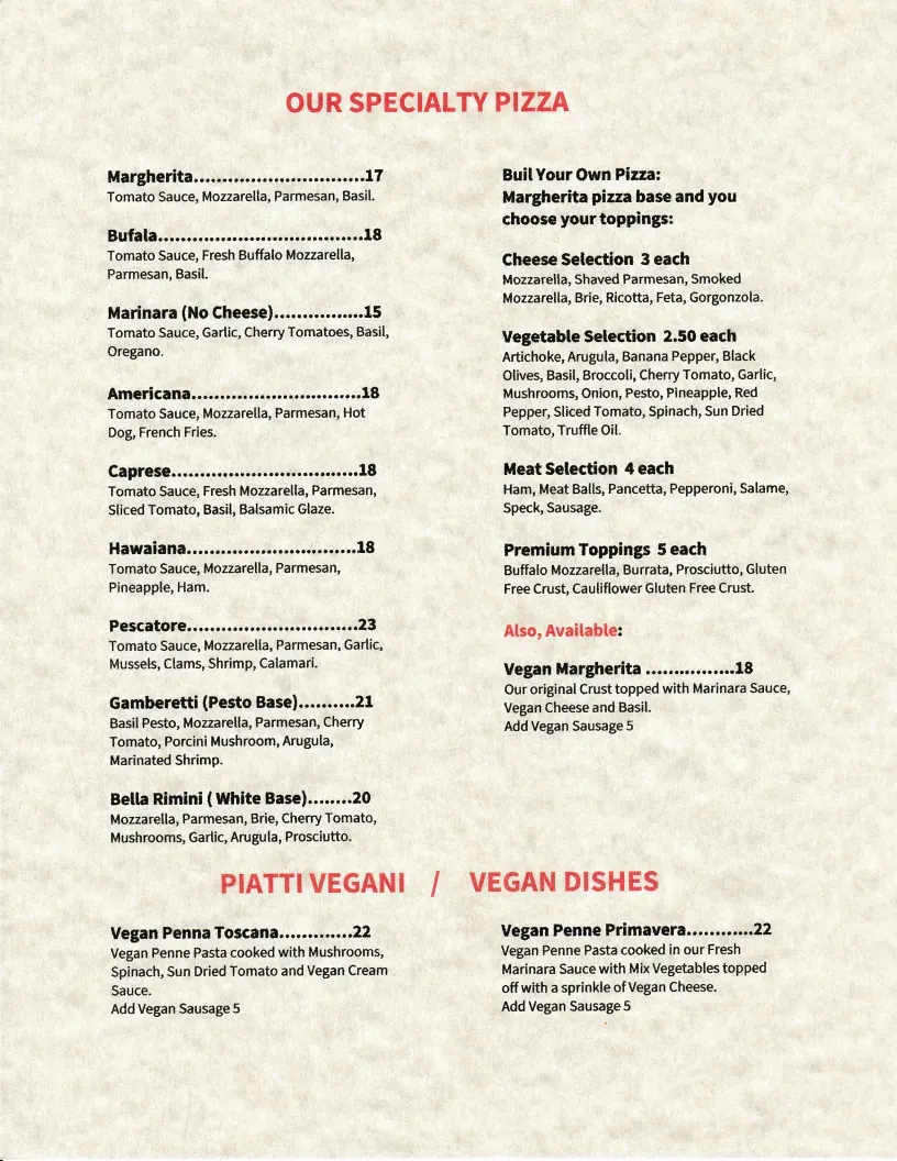 Bella Rimini Italian Restaurant Menu - Updated October 2025