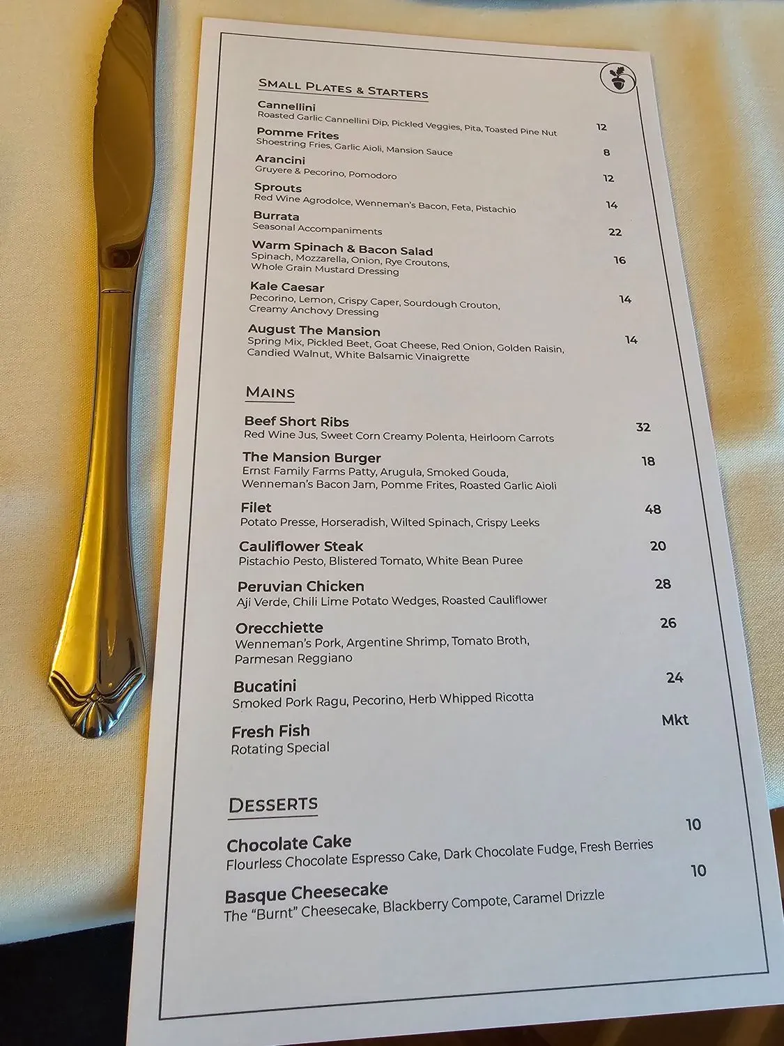 August The Mansion Menu - Updated November 2025