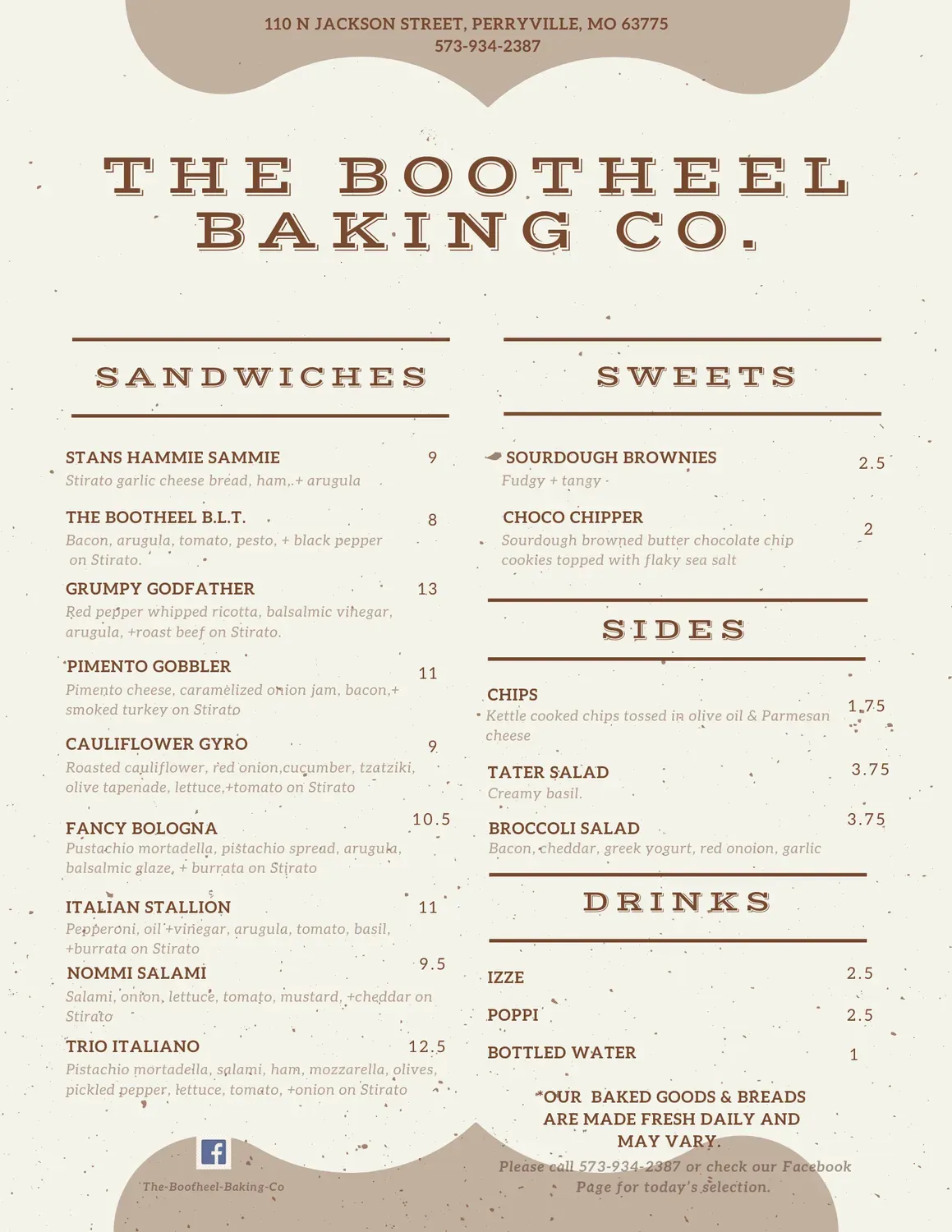 The Bootheel Baking Co. Menu - Updated November 2025