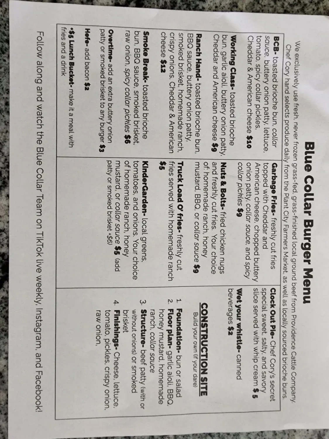 Blue Collar Burger Menu - Updated November 2025