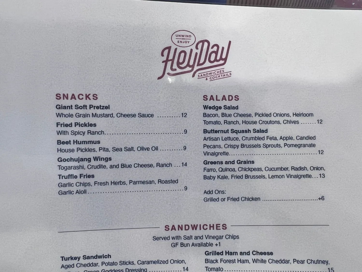 HeyDay Sandwiches and Cocktails Menu - Updated November 2025