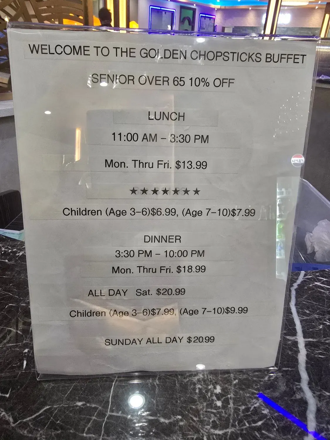 Golden Chopsticks Buffet Menu - Updated November 2025