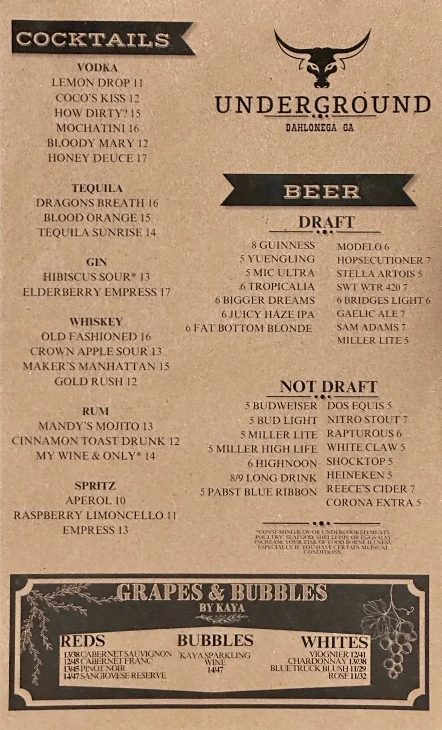 Underground Menu - Updated November 2025