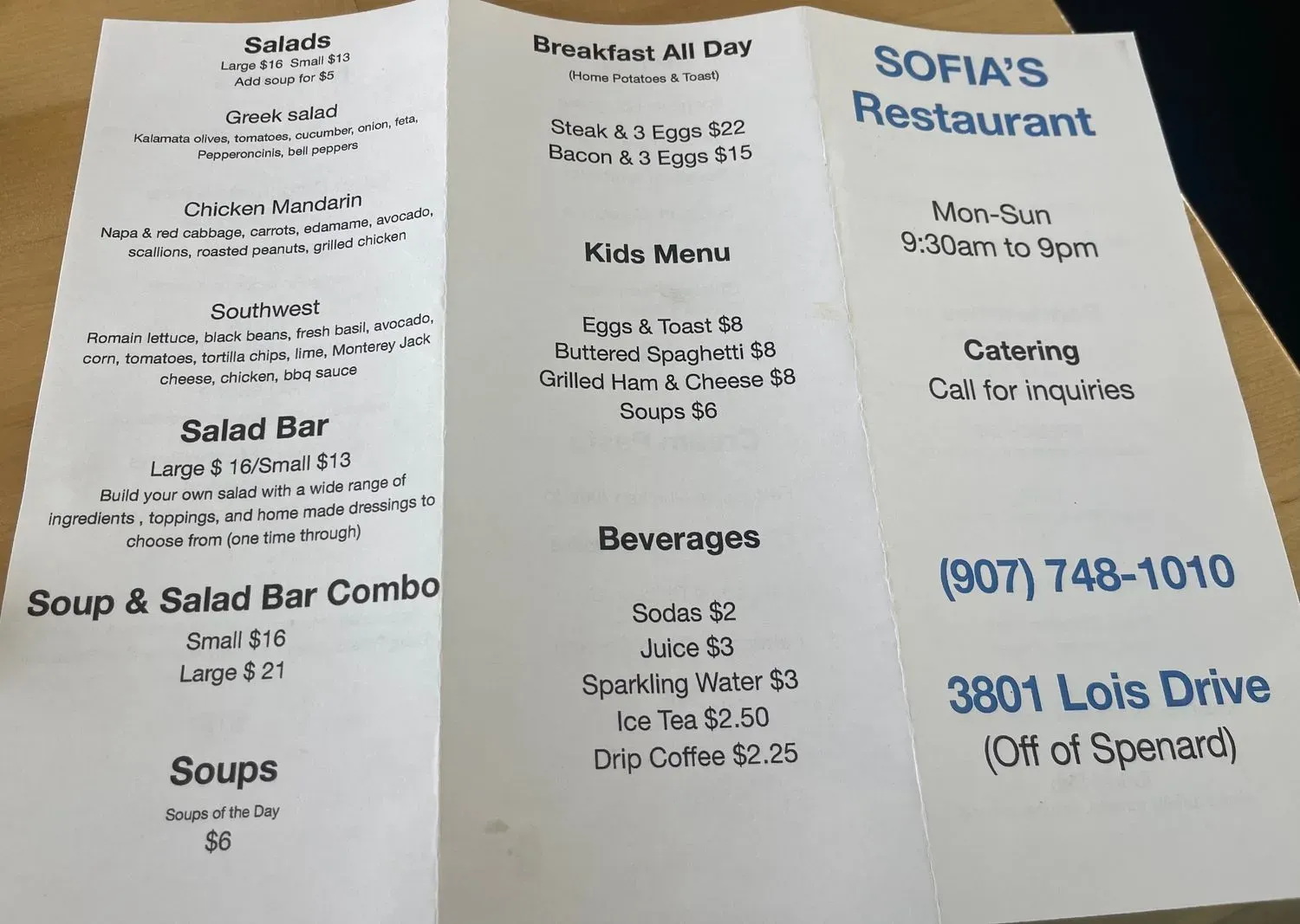 SOFIAS RESTAURANT Menu - Updated November 2025