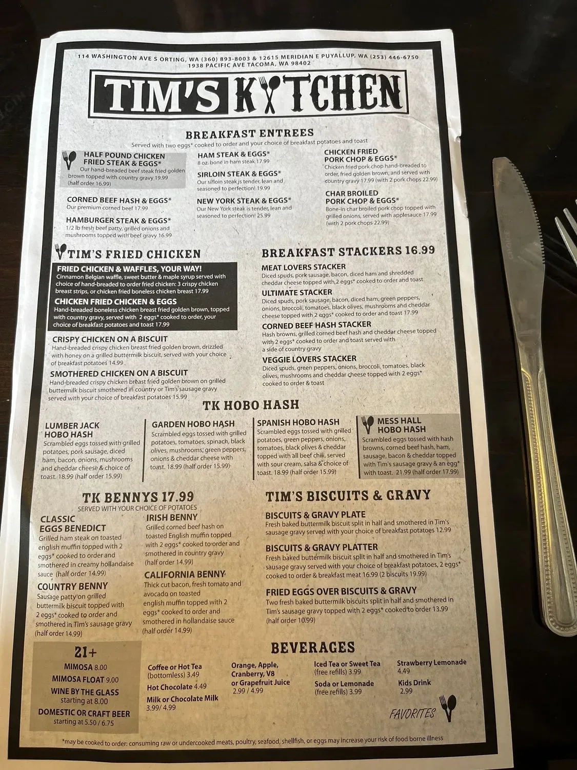 Tim's Kitchen Menu - Updated October 2025