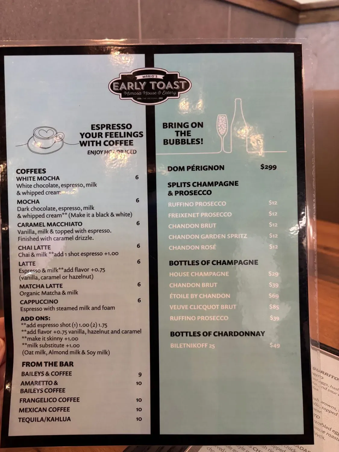 Mario's Early Toast Menu - Updated November 2025