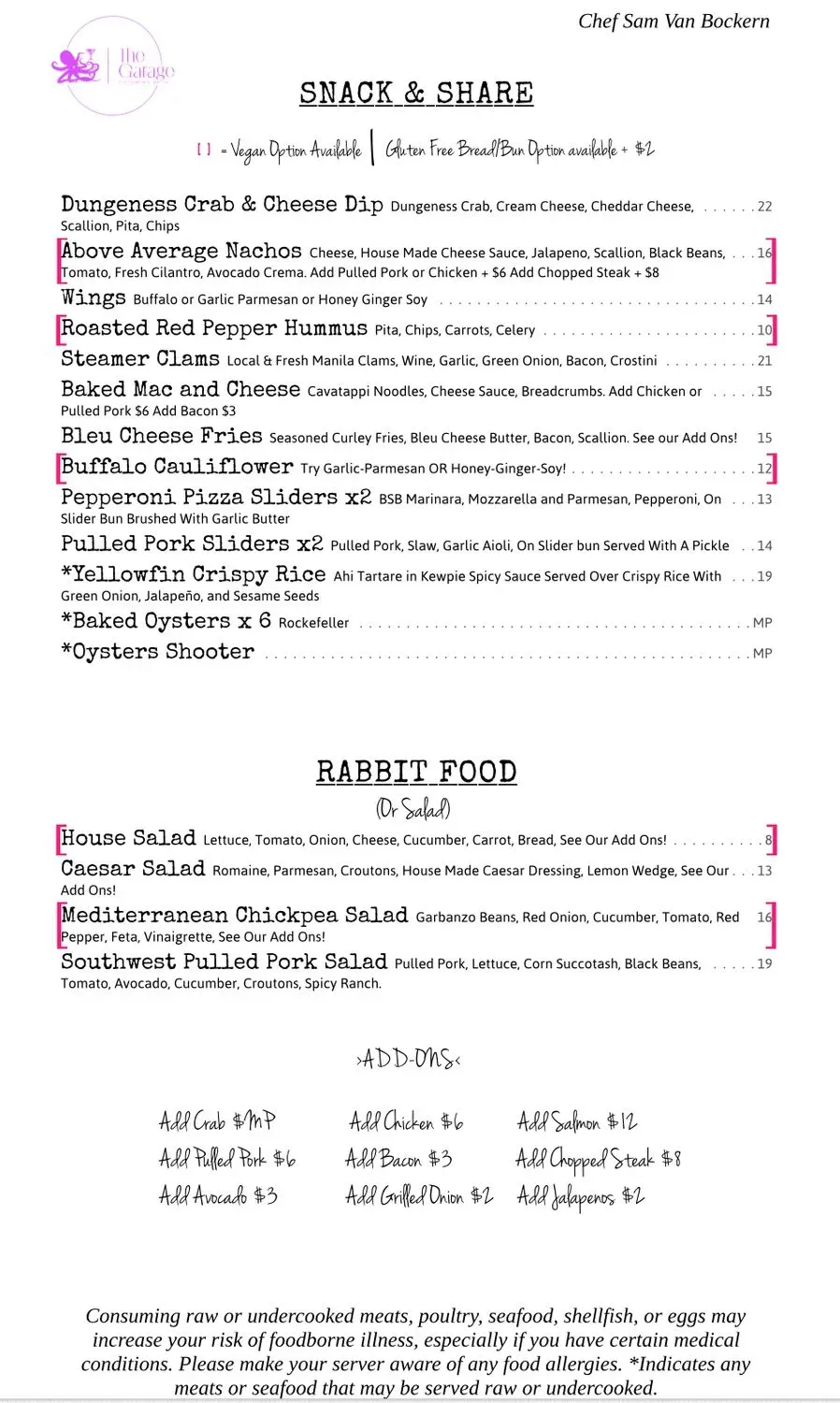The Garage Gastropub & Social Menu - Updated November 2025