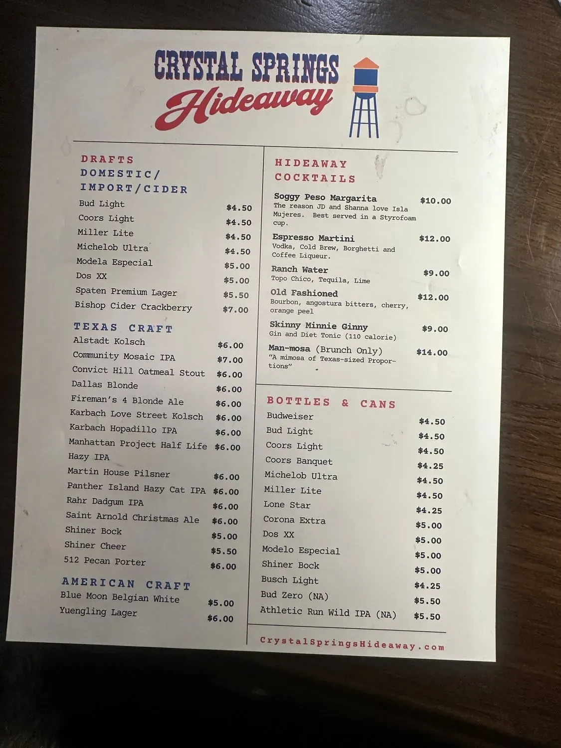 Crystal Springs Hideaway Menu - Updated November 2025