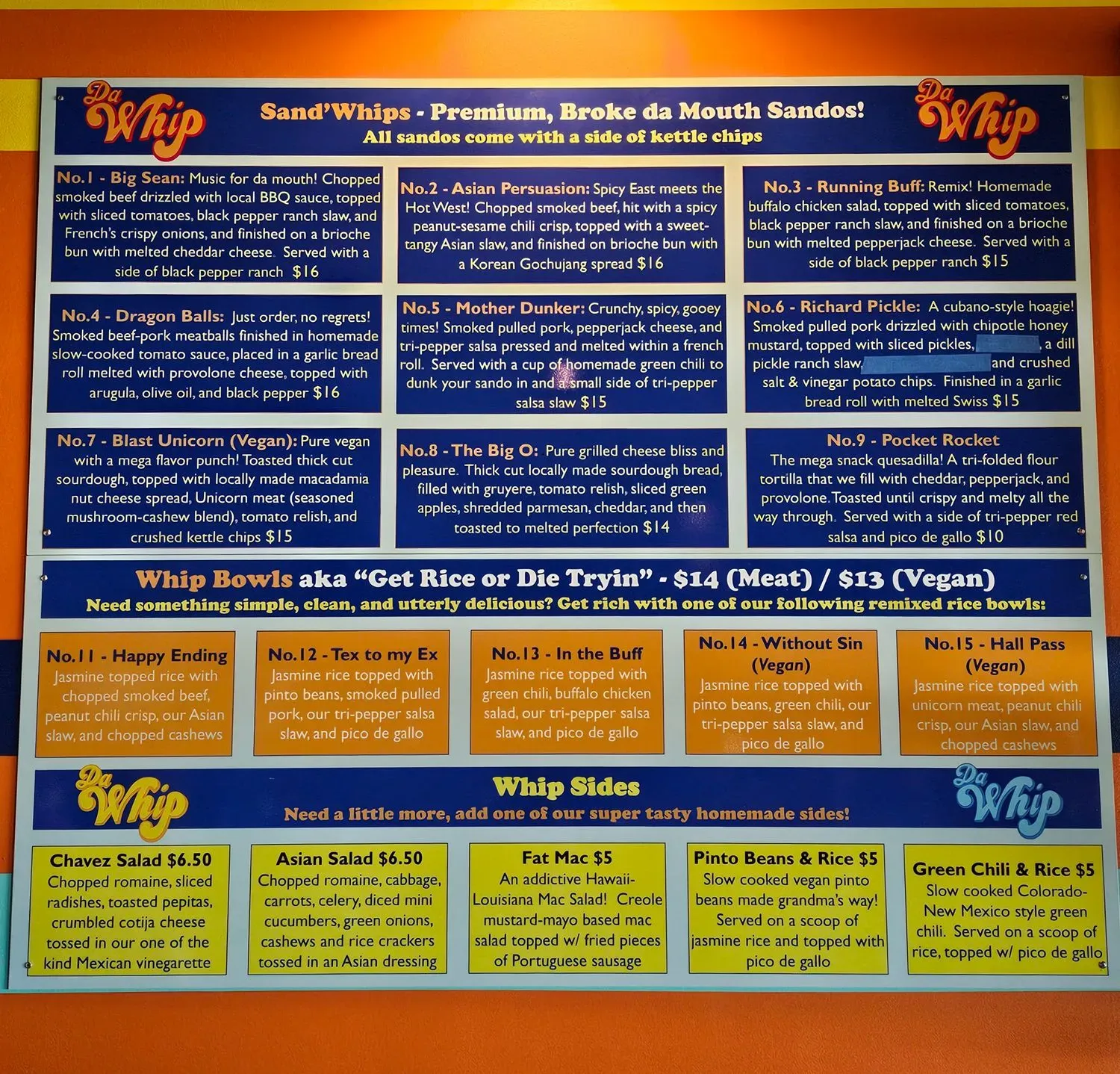 Da Whip Sandos & Bar Menu - Updated November 2025
