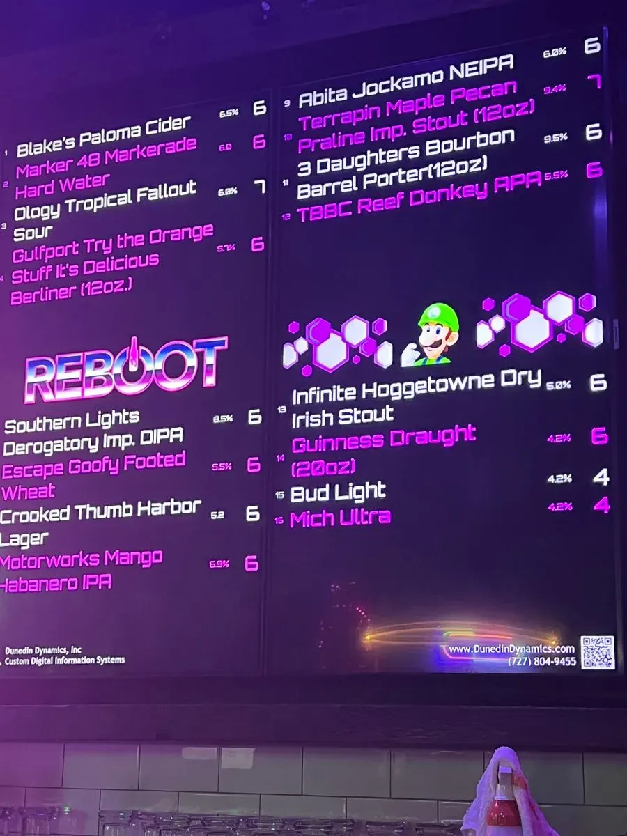 Reboot Arcade & Bar Menu | Dunedin, FL | Checkle