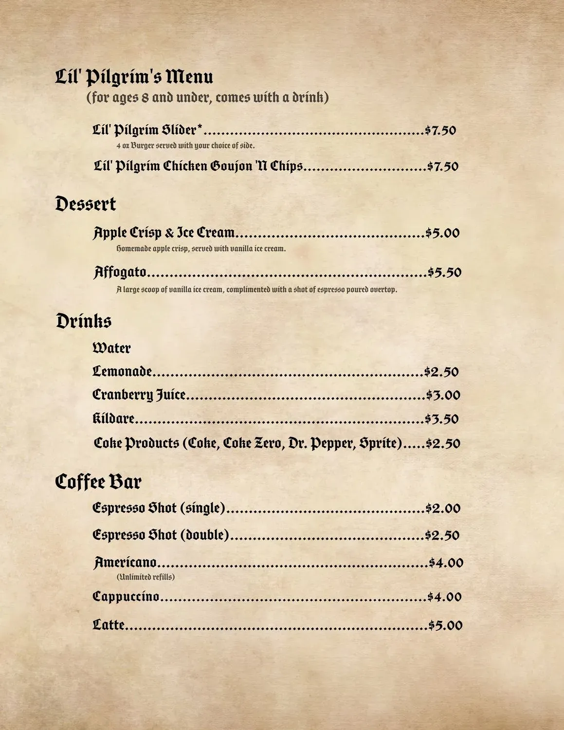 Pilgrim's Keep Menu - Updated October 2025
