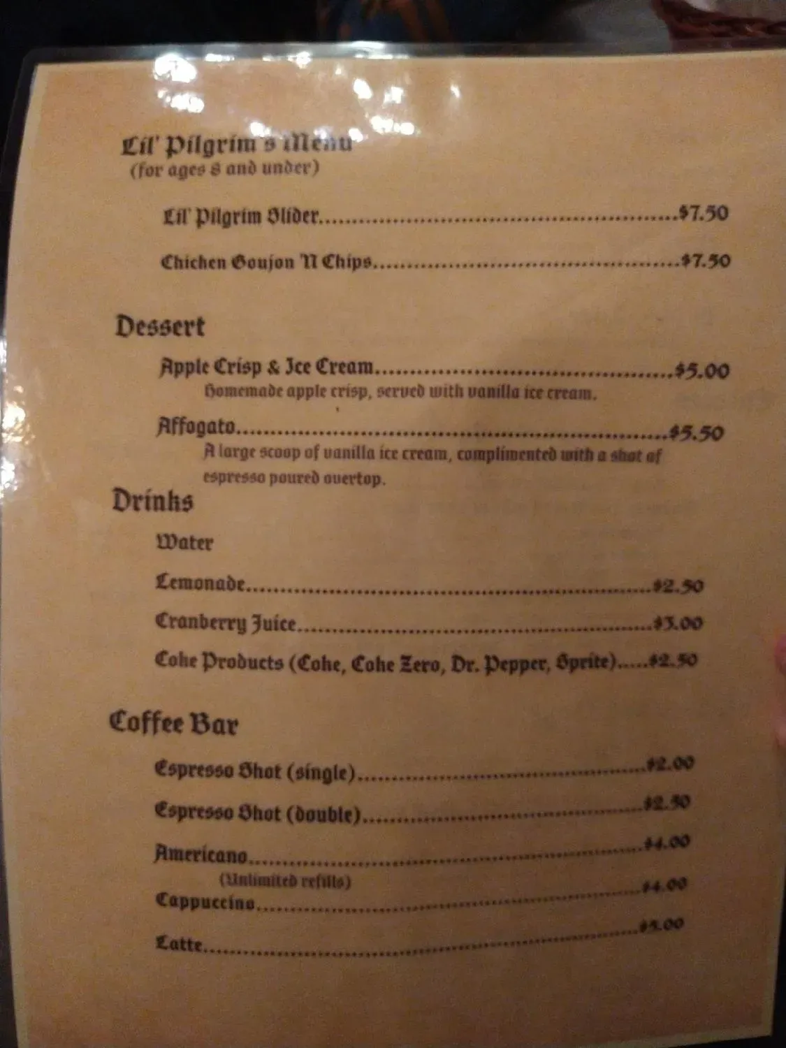 Pilgrim's Keep Menu - Updated October 2025