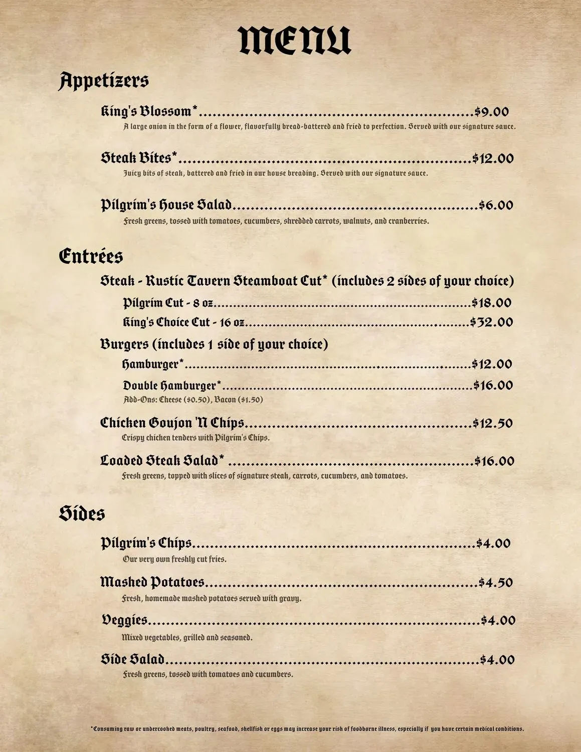 Pilgrim's Keep Menu - Updated October 2025