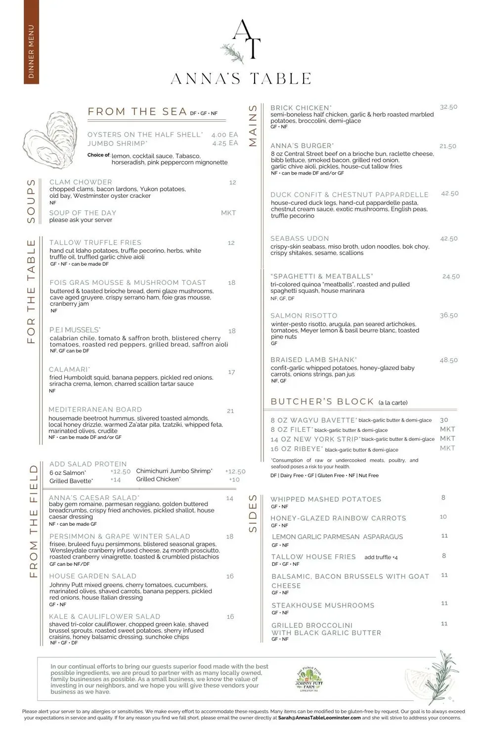 Anna's Table Menu - Updated November 2025