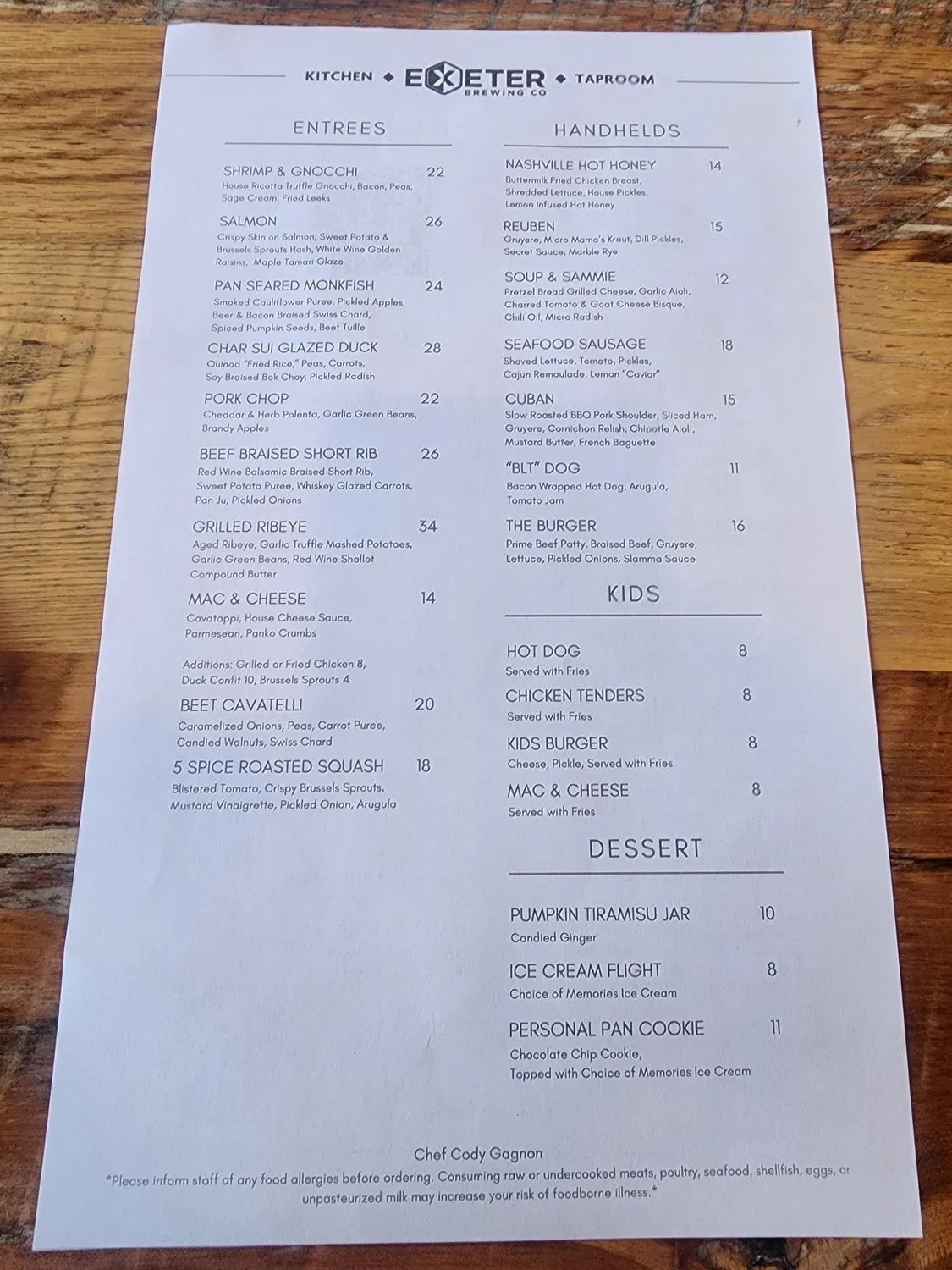 Exeter Brewing Co. Kitchen + Taproom Menu - Updated October 2025