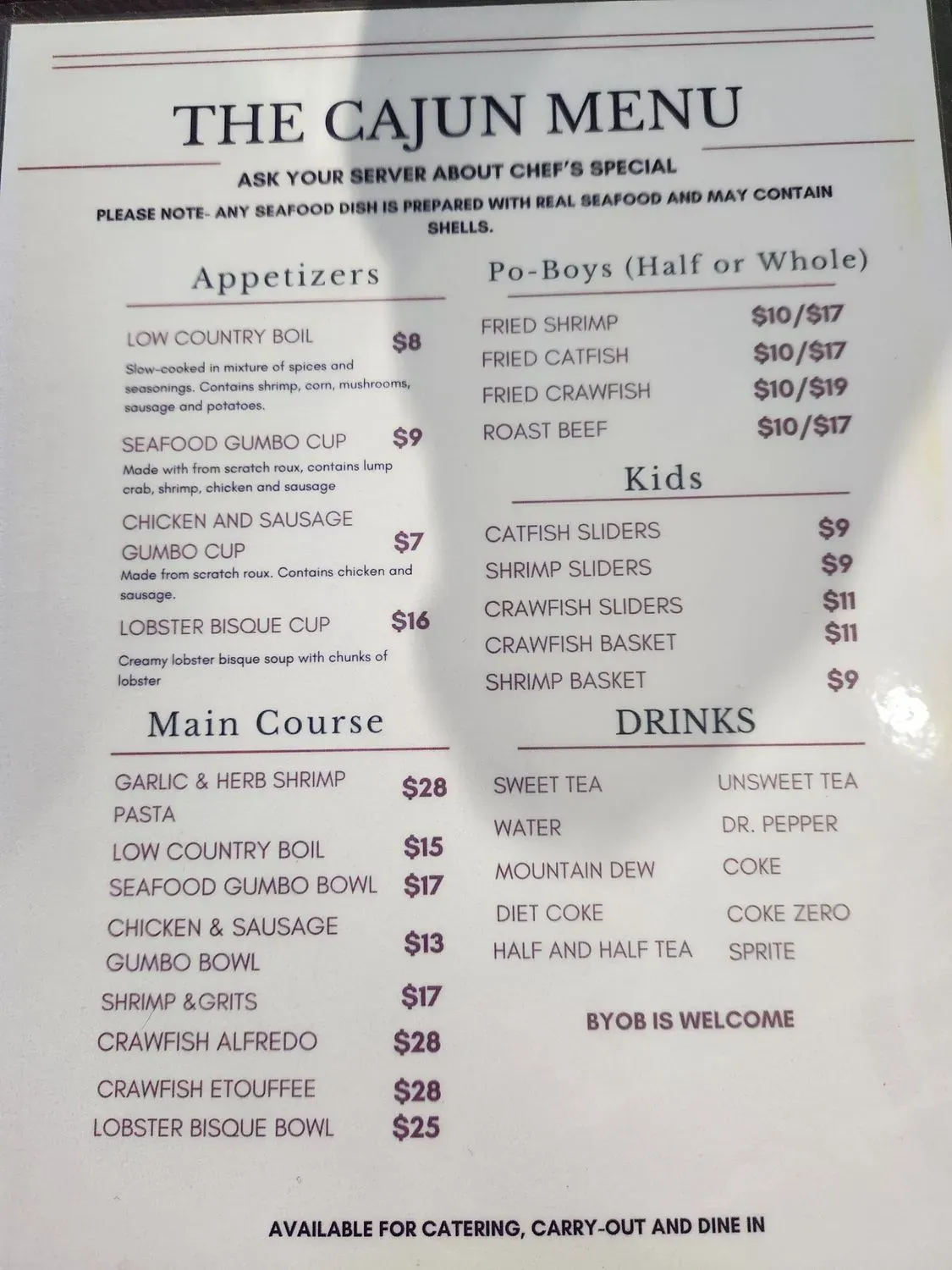 The Cajun Menu Menu - Updated November 2025