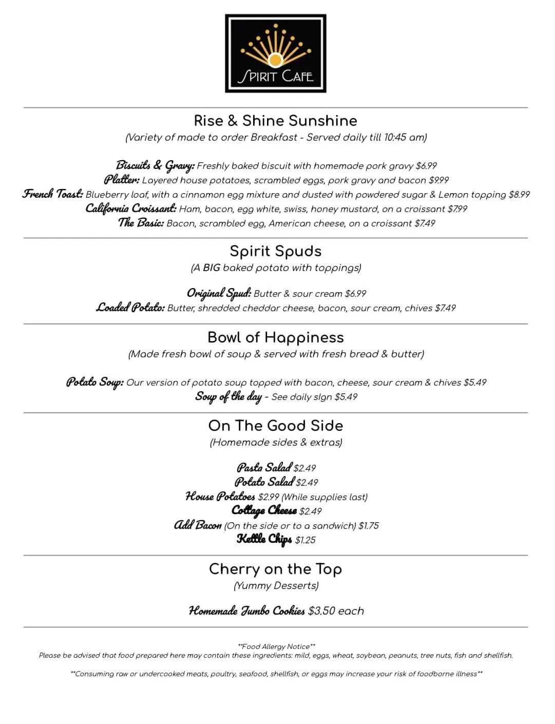 Spirit Cafe Menu - Updated November 2025