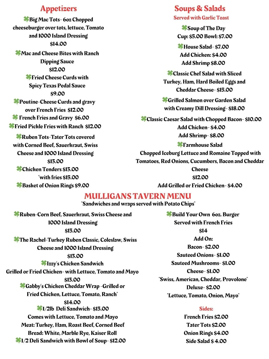 Mulligan's Menu - Updated November 2025