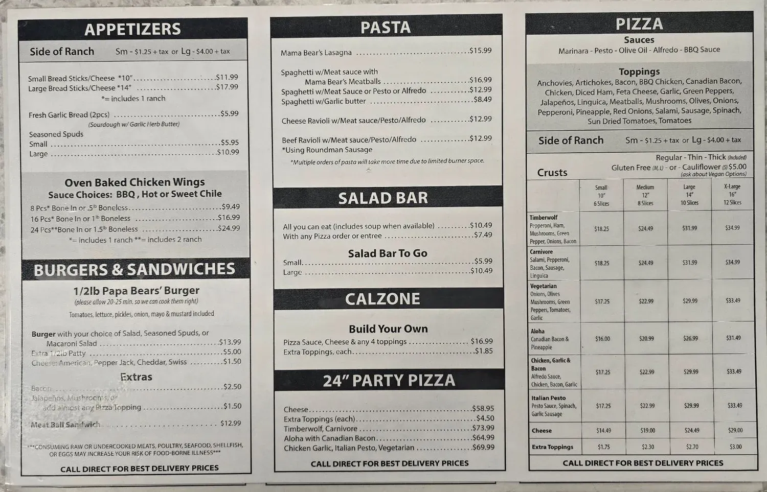 Bear's Pizza and More Menu - Updated November 2025