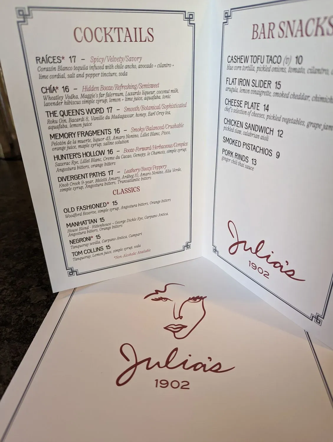 Julia's 1902 Menu - Updated October 2025