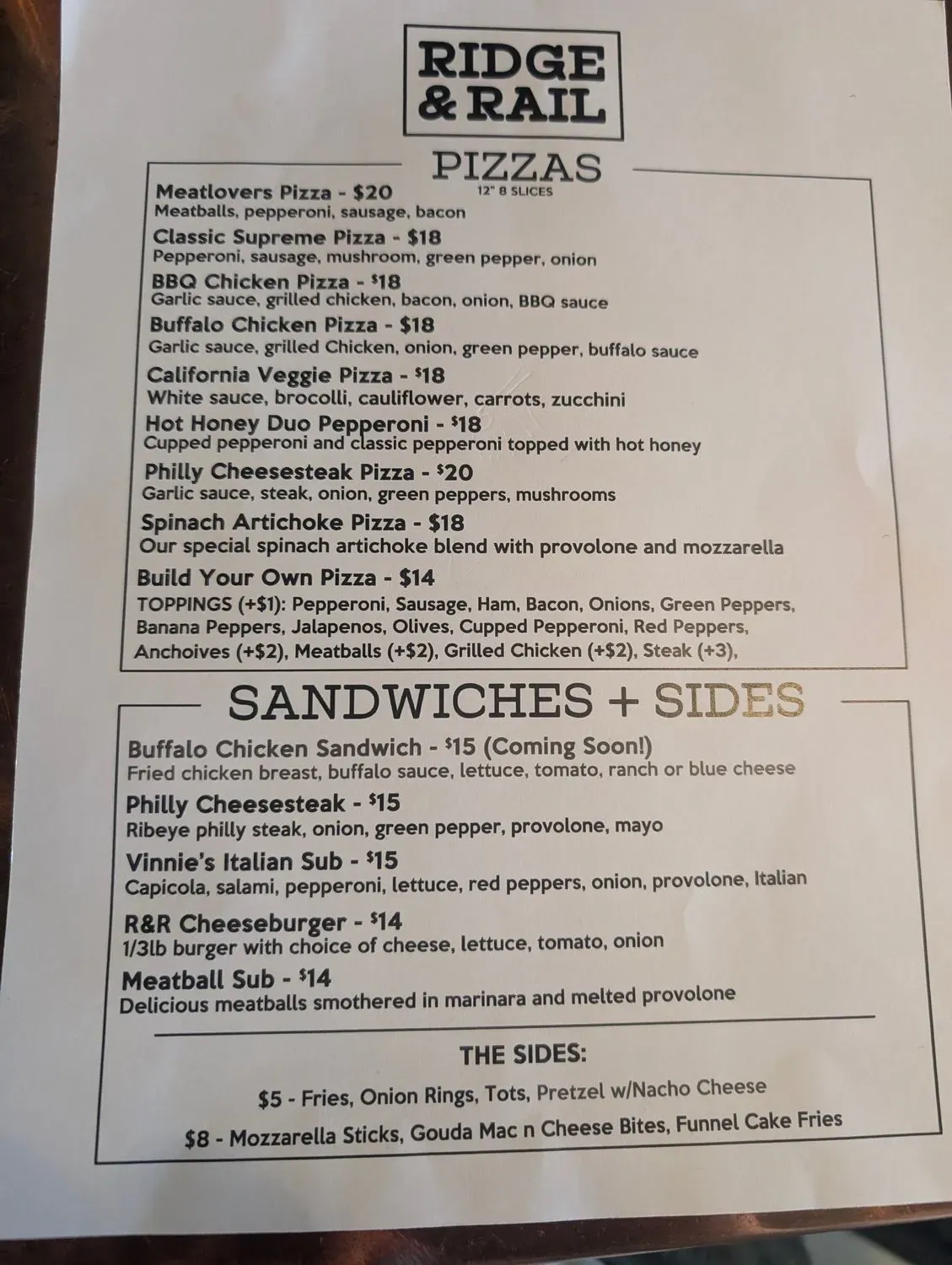 Ridge & Rail Menu - Updated November 2025