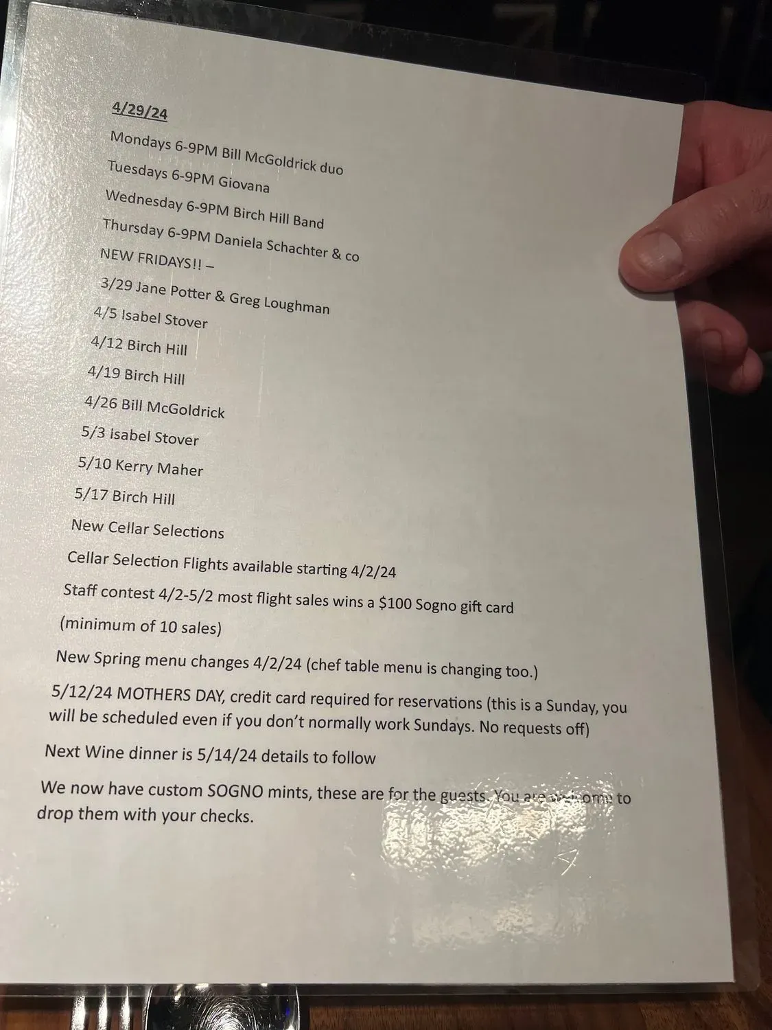 Sogno Menu - Updated November 2025
