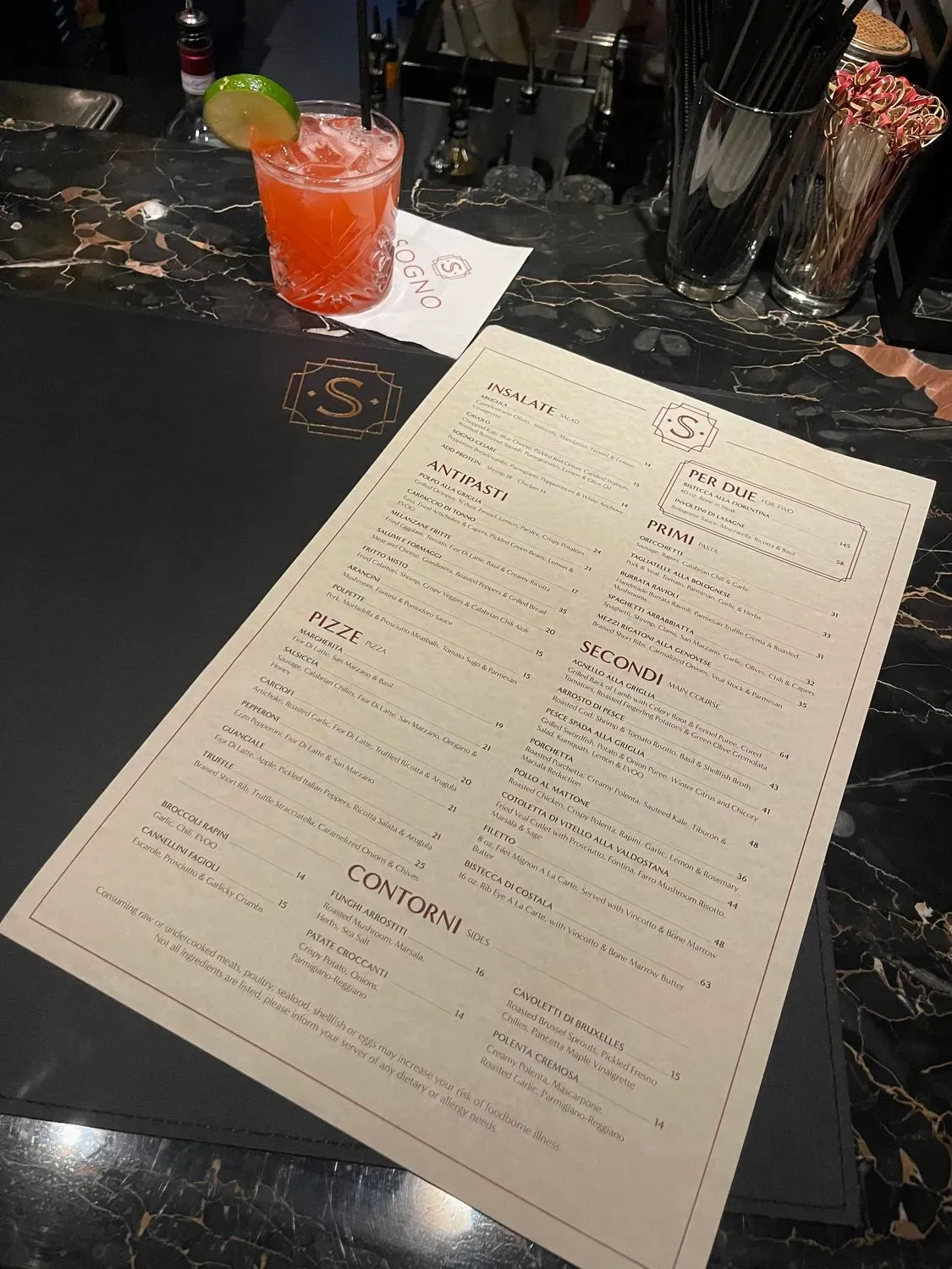 Sogno Menu - Updated November 2025