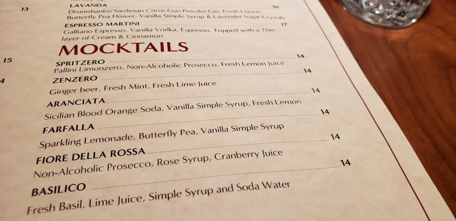 Sogno Menu - Updated November 2025
