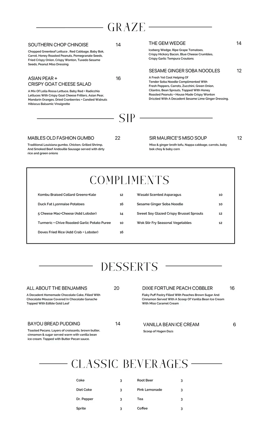 Doves Restaurant Menu - Updated November 2025