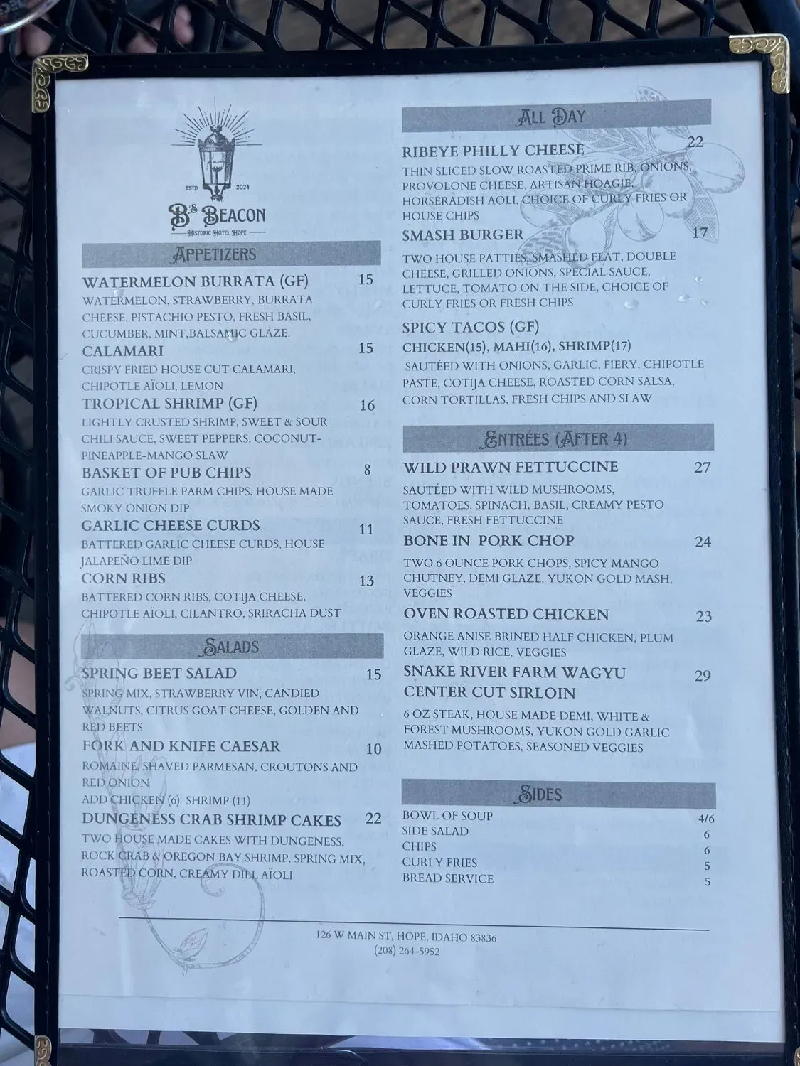 B's Beacon Menu - Updated October 2025