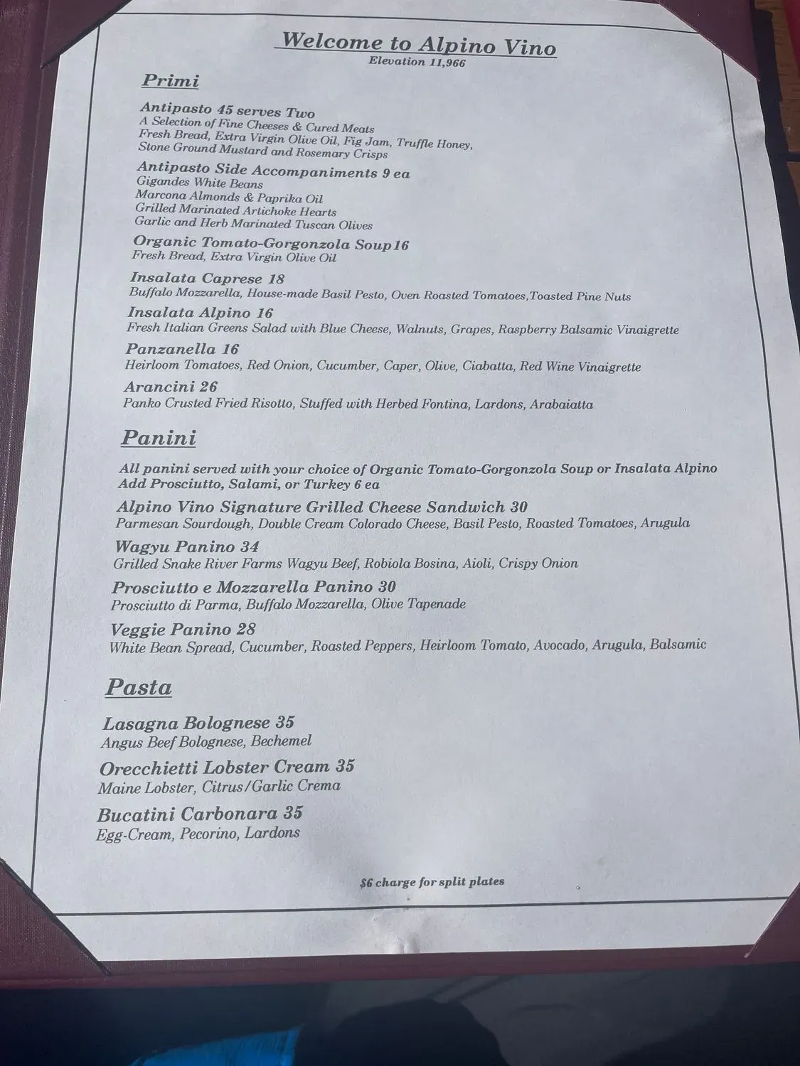 Alpino Vino Menu - Updated November 2025