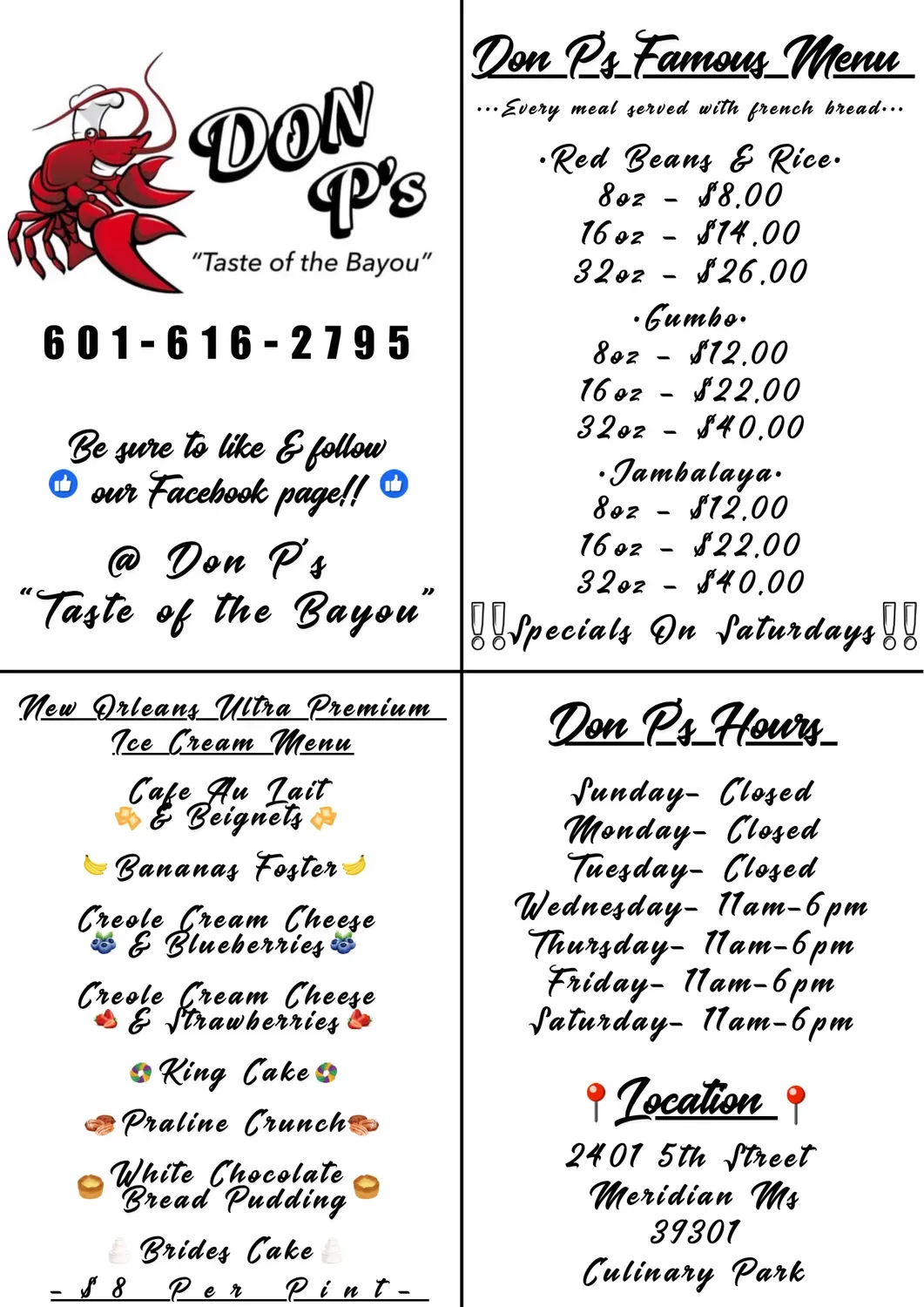 Don P's Taste of the Bayou Menu - Updated November 2025